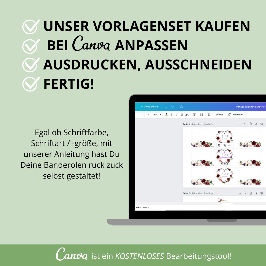 Tischdeko Hochzeit I Banderole Burgundy (Canva) I Ja-Hochzeitsshop